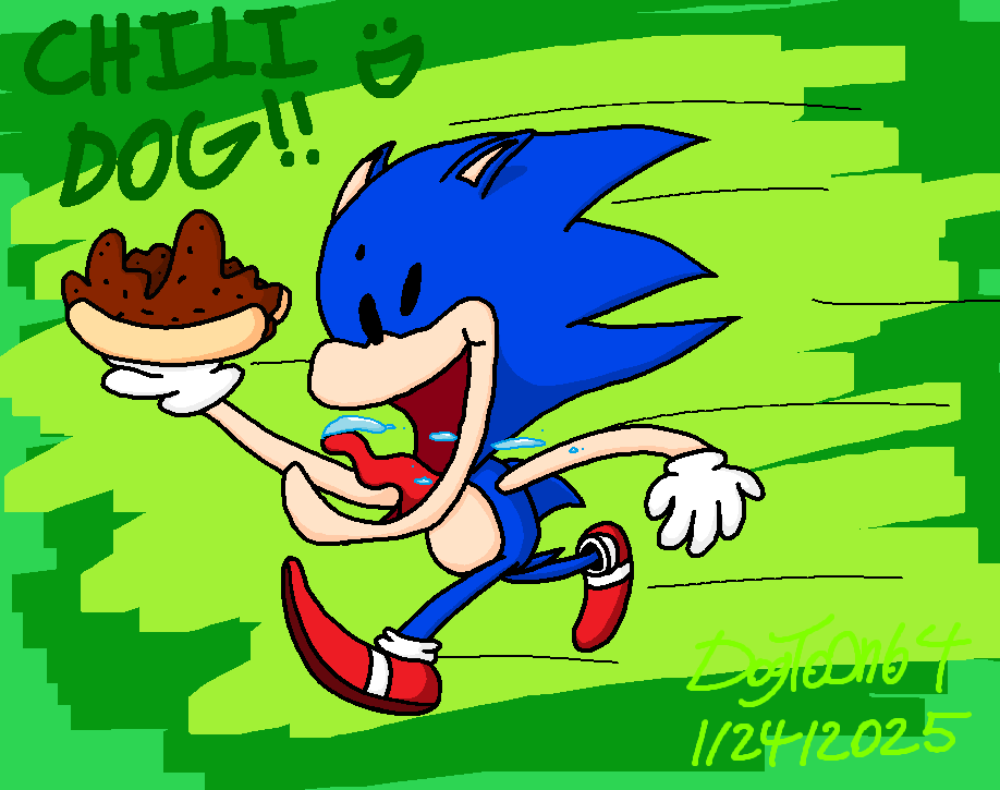 Sonic running with a chilidog in his hand by @DogToon64 – Sheezy.Art