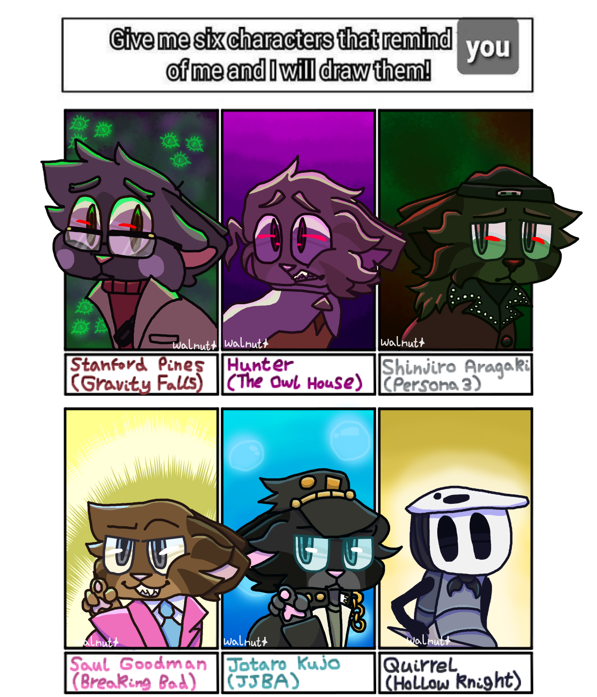 Six characters that remind you of me meme by @Walnut-kitto – Sheezy.Art